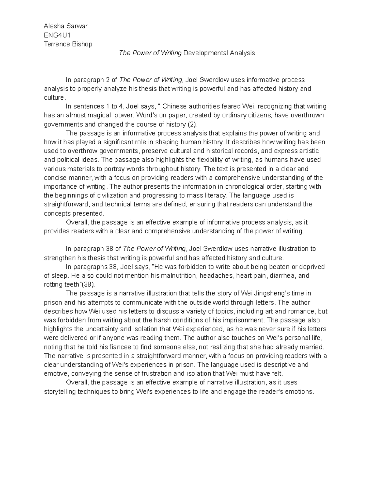 ENG4U Essay Notes: Analyzing "The Power of Writing" by Swerdlow - Studocu