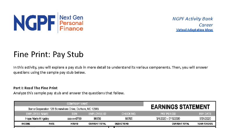 NGPF Activity Bank: Pay Stub Analysis & Adaptation Ideas - Studocu