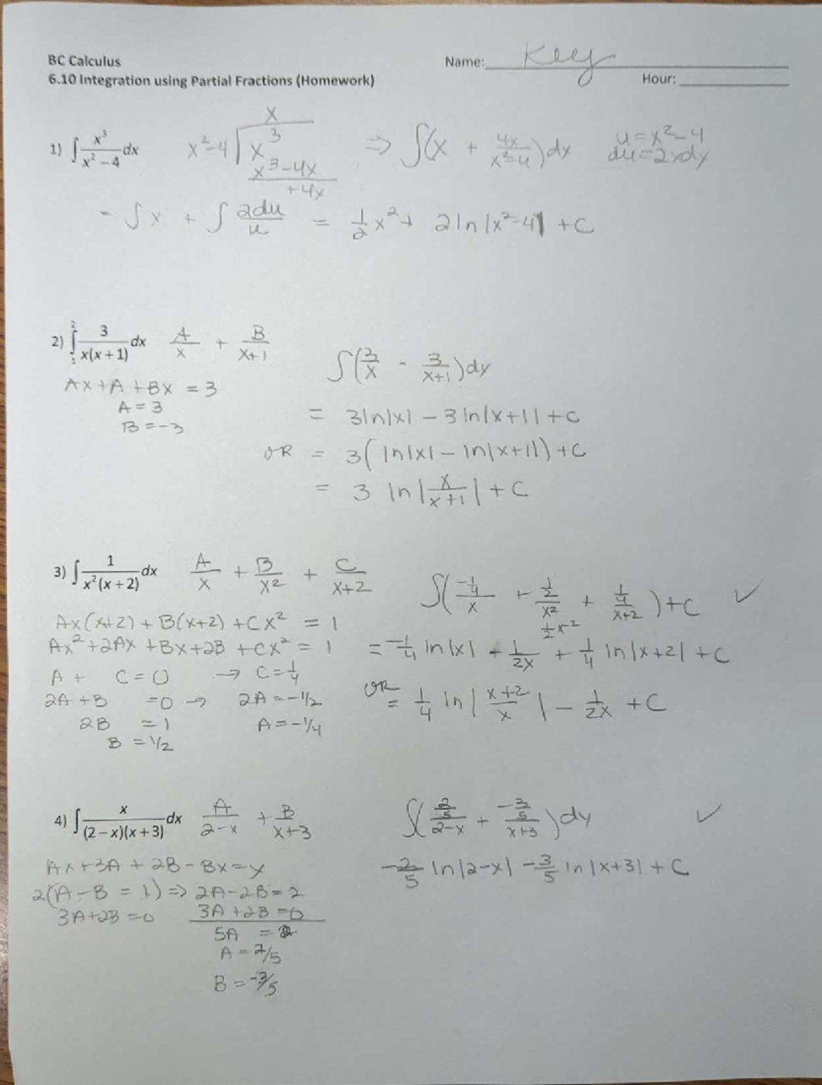 BC Calculus 6.10 Integration Using Partial Fractions (Homework Key) - Studocu