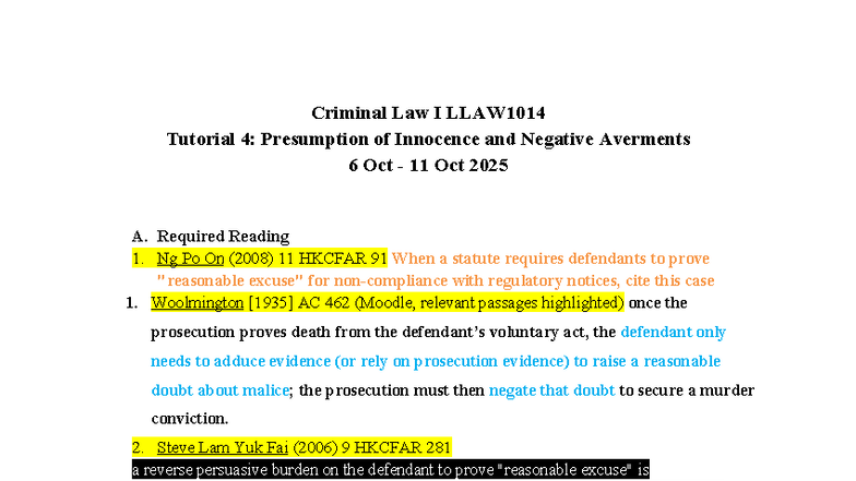 Criminal Law I LLAW1014 Tutorial 4: Presumption of Innocence Analysis ...