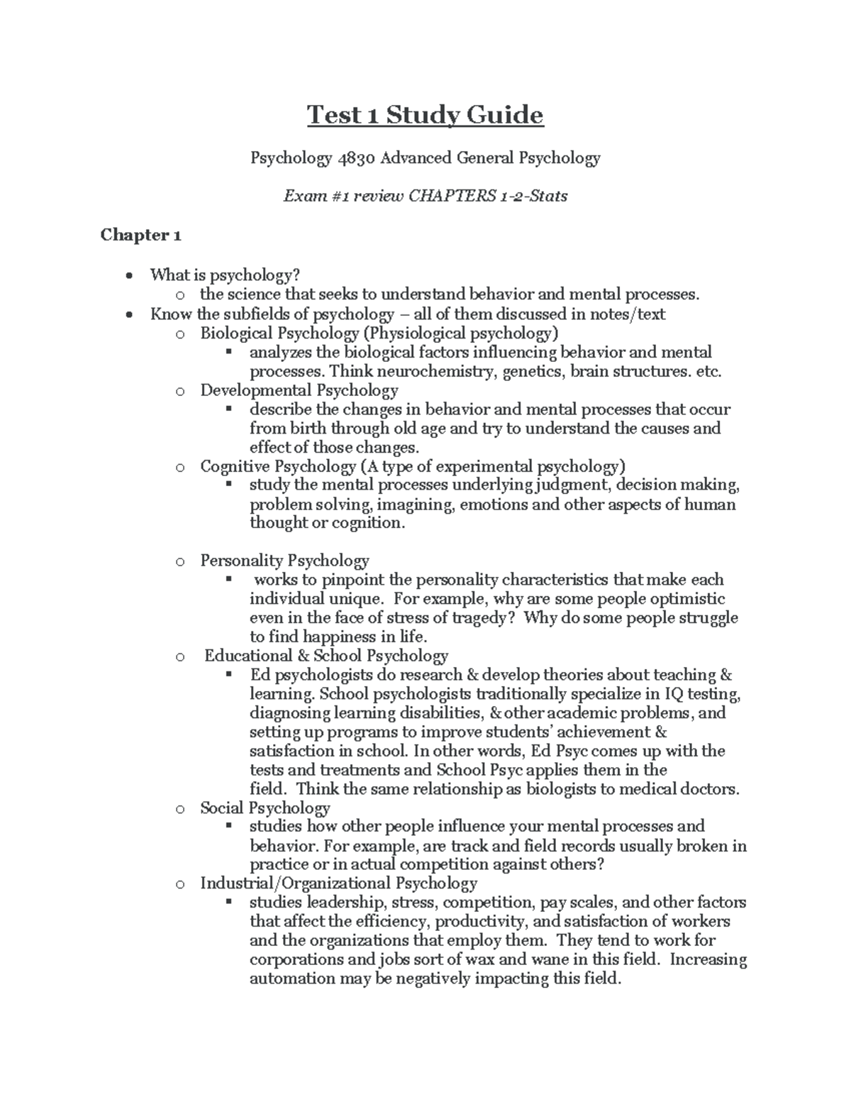 Psyc4830 Test 1 Study Guide - Test 1 Study Guide Psychology 4830 ...