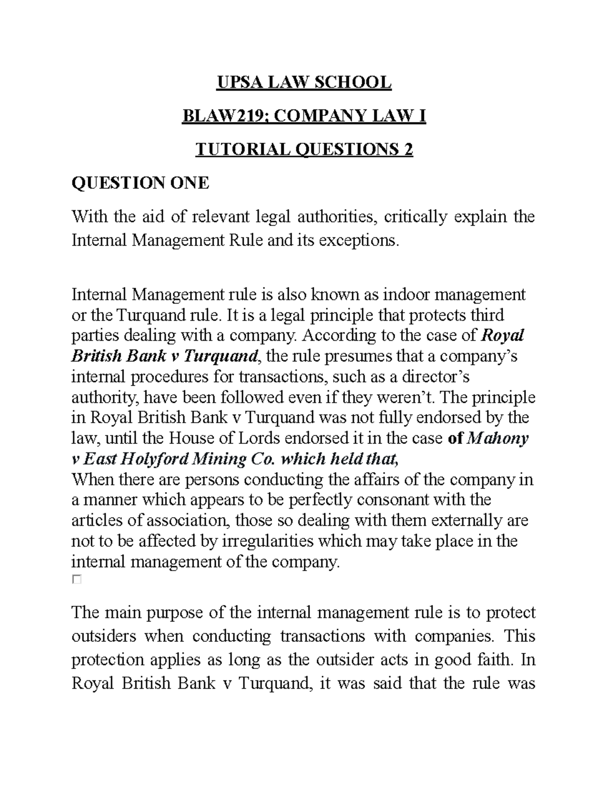 UPSA LAW SCHOOL COMPANY LAW I TUTORIAL: Internal Management Rule ...
