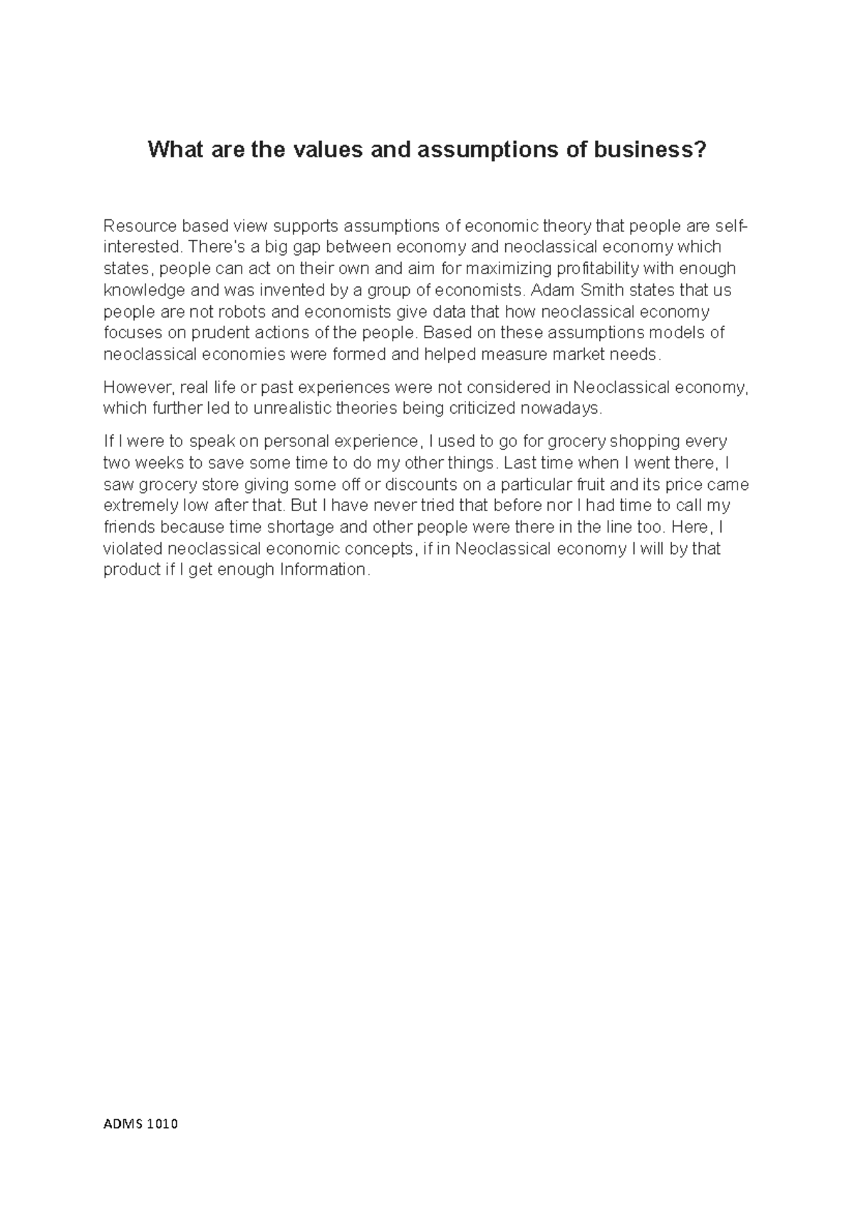 What Are The Values And Assumptions Of Business Adms 1010 Assignment What Are The Values And
