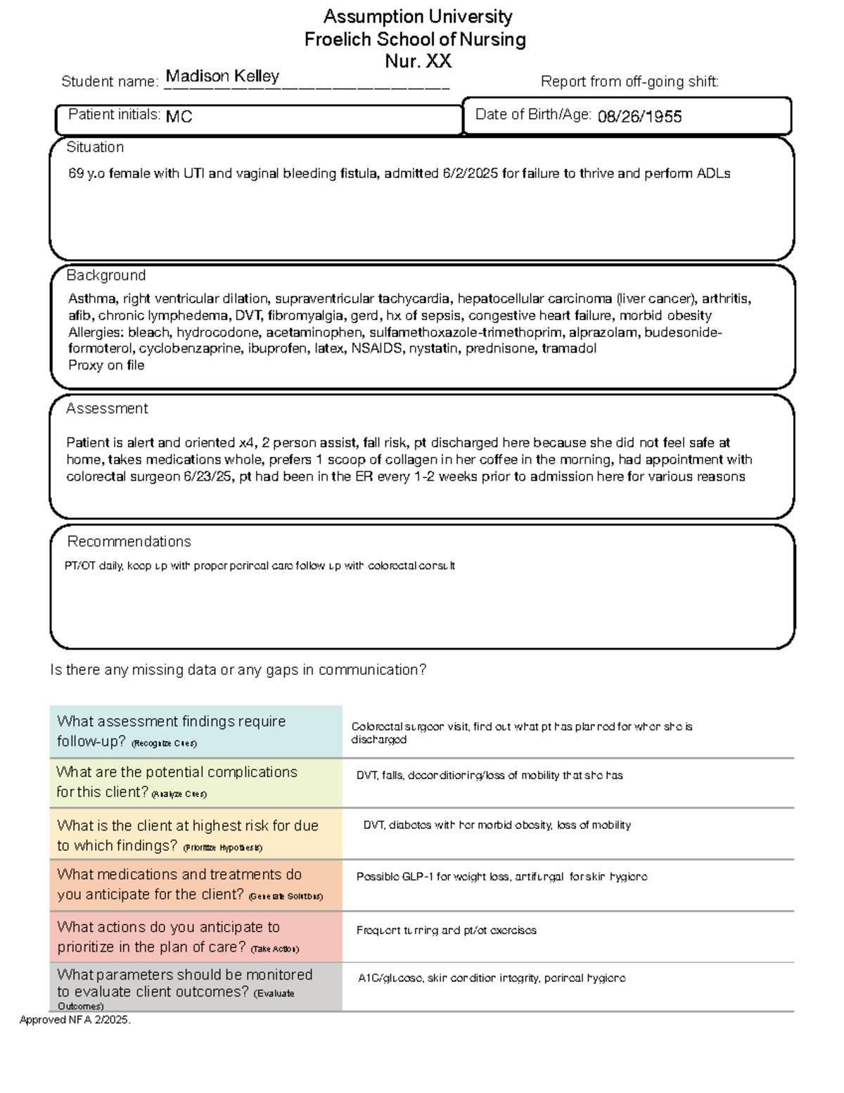 Clinical Worksheet for Nursing Care: Patient MC - UTI & Fistula ...