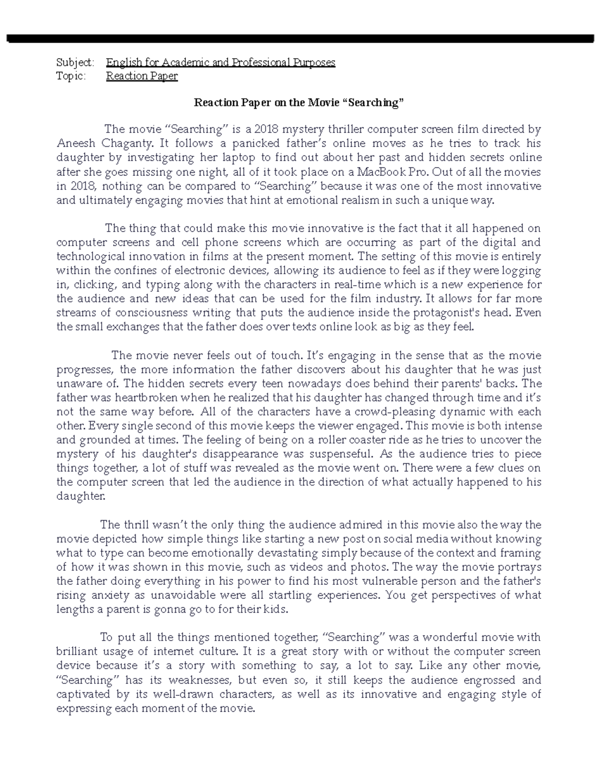 Reaction Paper on the Movie "Searching" - ENGP 101 - Studocu