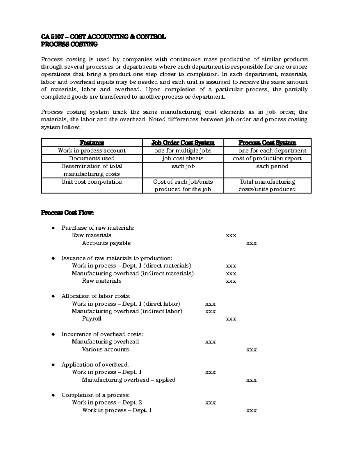 CA 5107 Process Costing: Key Concepts and Calculation Examples - Studocu
