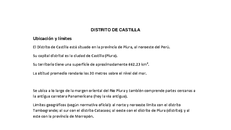 Distrito de Castilla: Ubicación, Historia y Demografía en Piura - Studocu