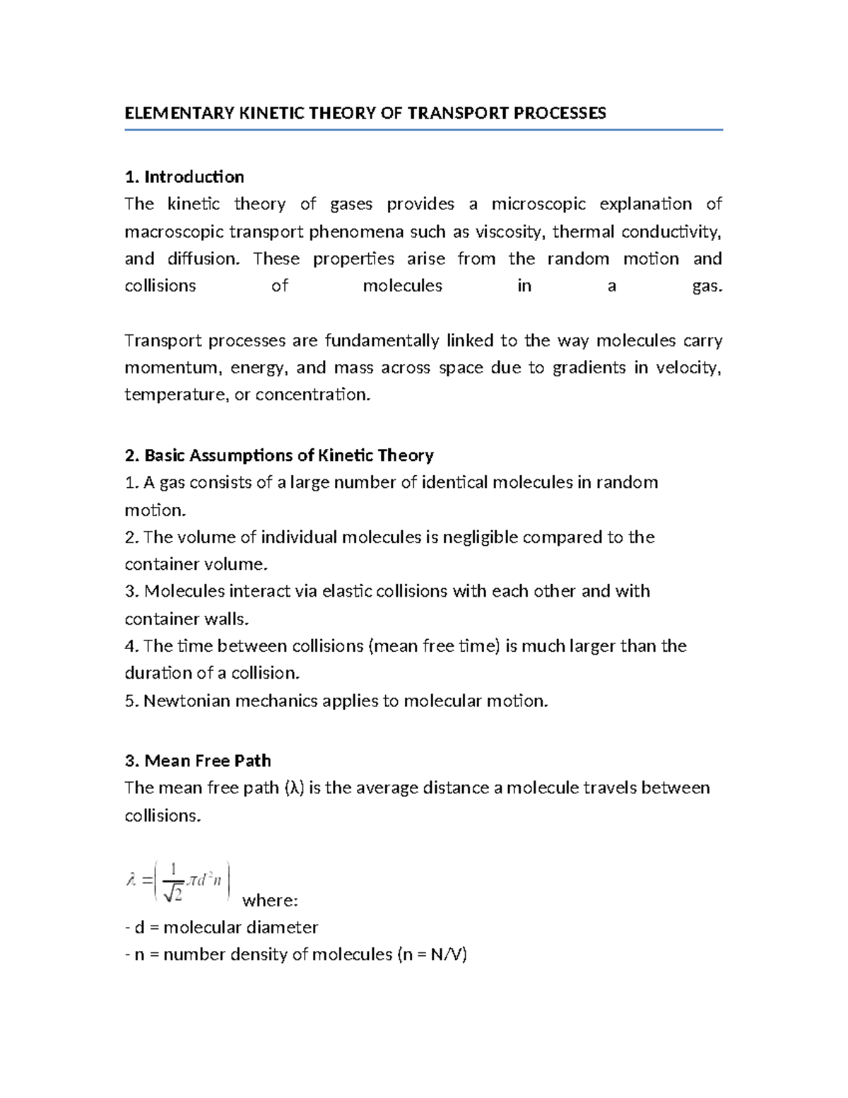 PHY 306 Lecture Notes: Kinetic Theory of Transport Processes - Studocu