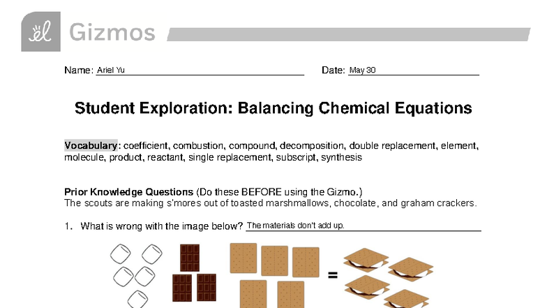 Balancing Chemical Equations Gizmo Exploration (Chem 101) - Studocu