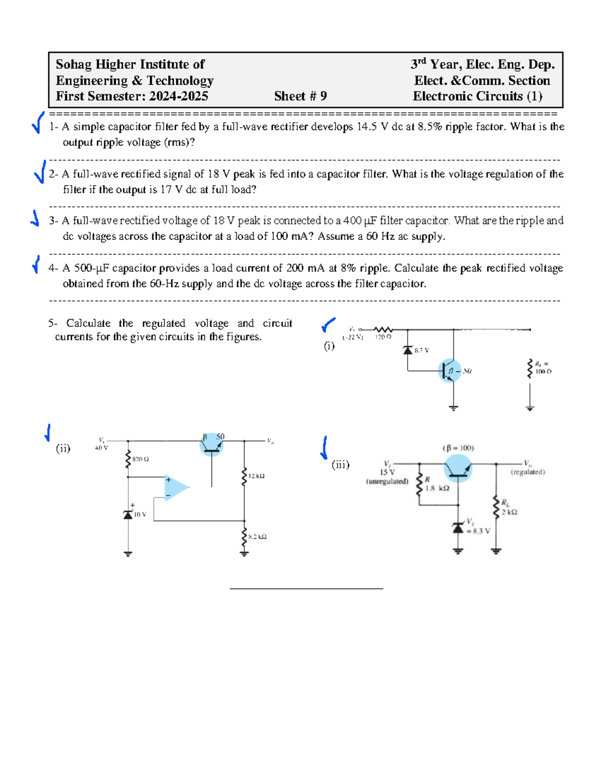 Sheet 9 EE 322 - Electronic Circuits (Final Exam Review) - Studocu