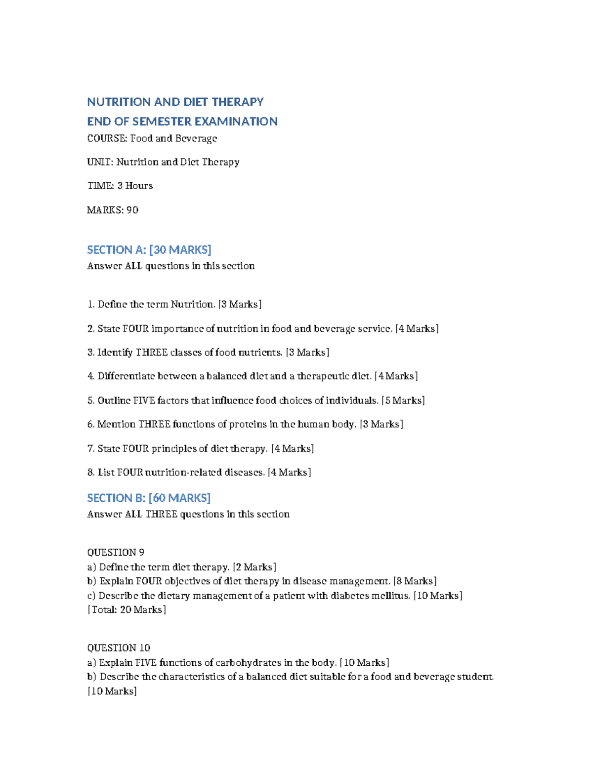 NUTRITION AND DIET THERAPY FINAL EXAMINATION - FOOD & BEVERAGE - Studocu