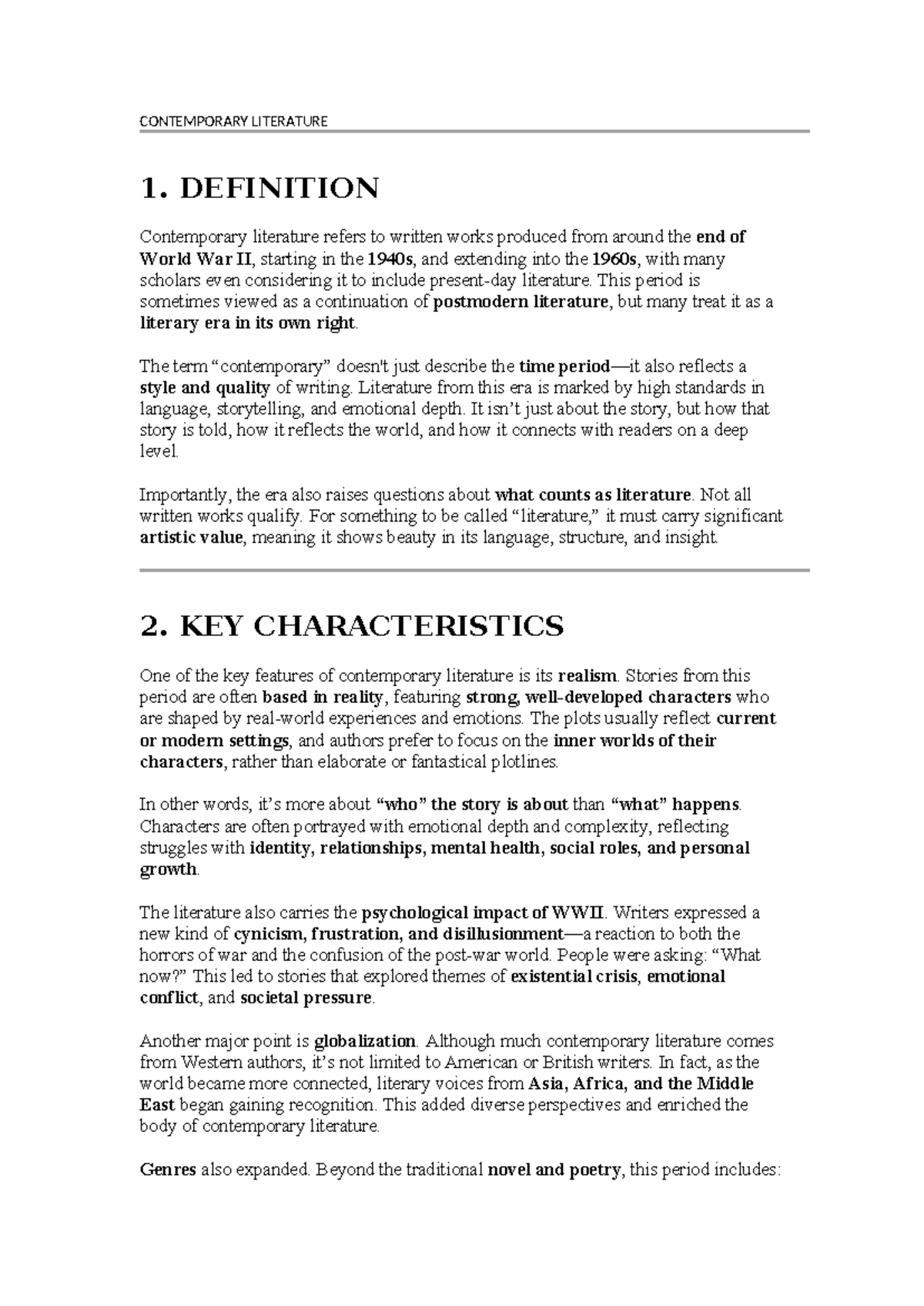 Contemporary Literature (ENG 101): Key Features and Notable Works - Studocu