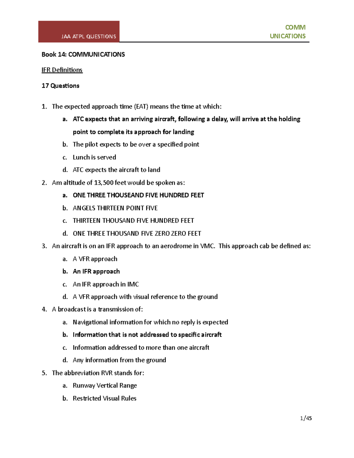 ATP radio Telephony - JAA ATPL QUESTIONS COMM UNICATIONS Book 14 ...