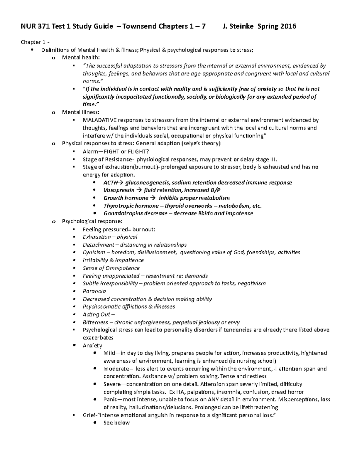 371 Test 1 Study Guide,Ch1-7,Sp16 - NUR 371 Test 1 Study Guide Townsend ...