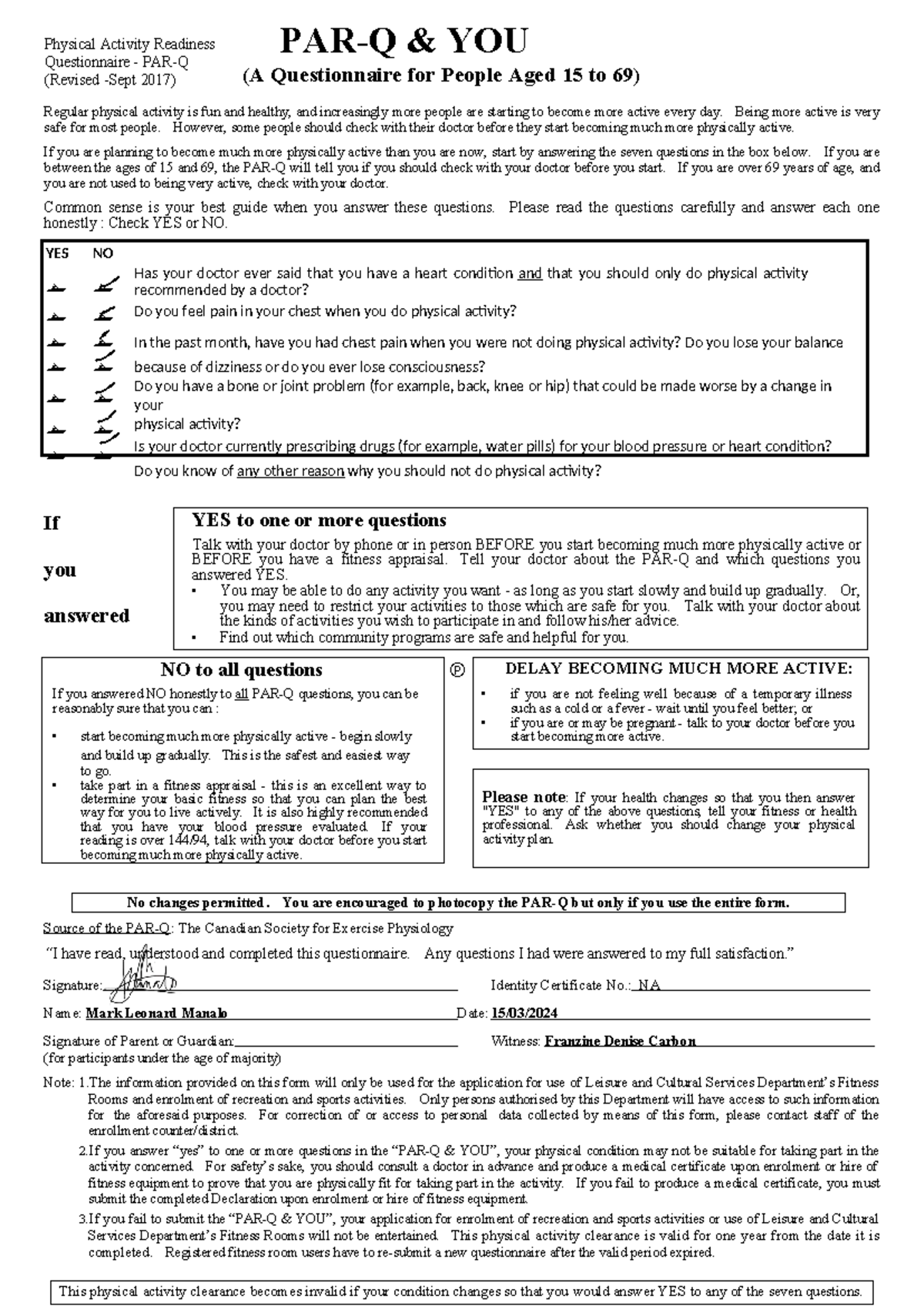 PARQ-Form: Physical Activity Readiness Questionnaire (Revised 2017 ...