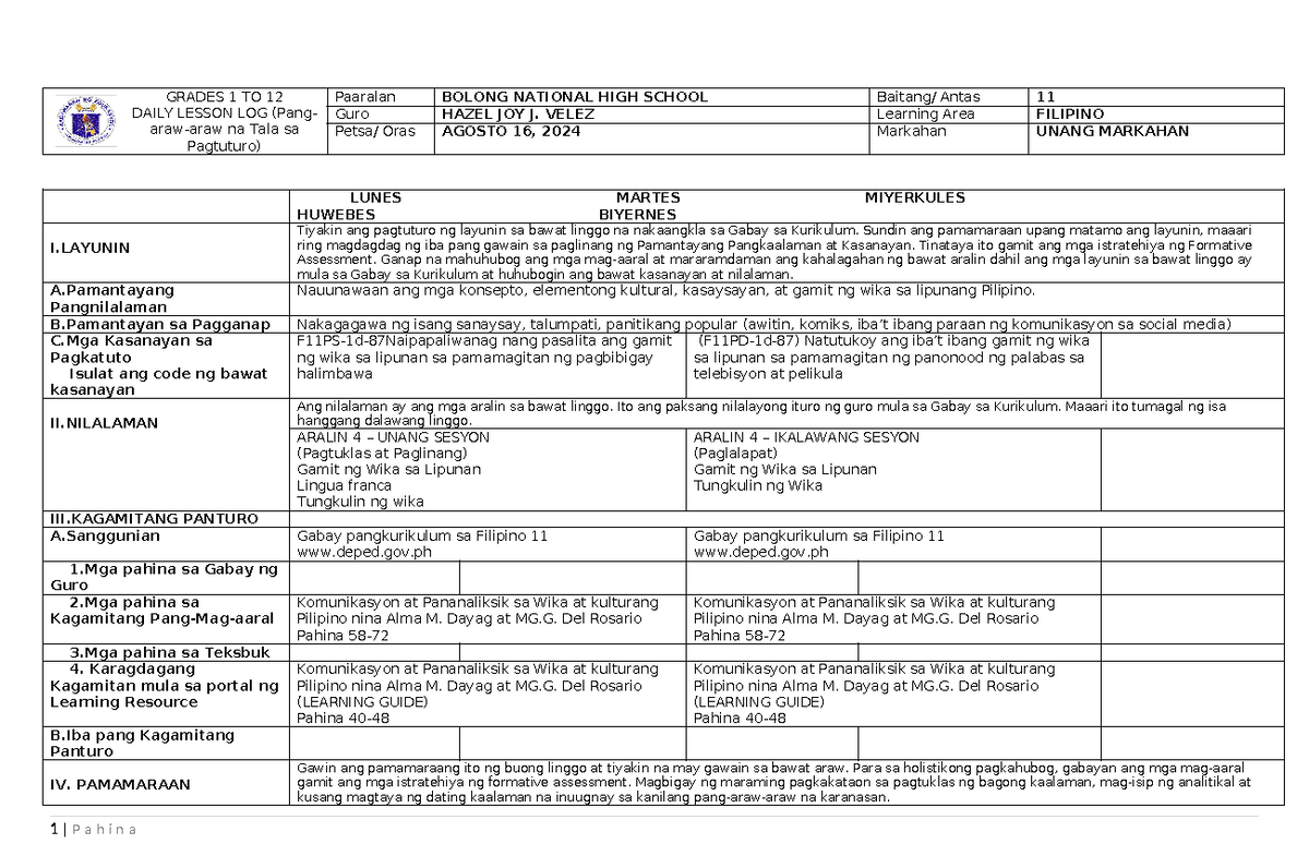 DLL Kpwkp WEEK 4 - Daily Lesson Log for Filipino 11 - Studocu