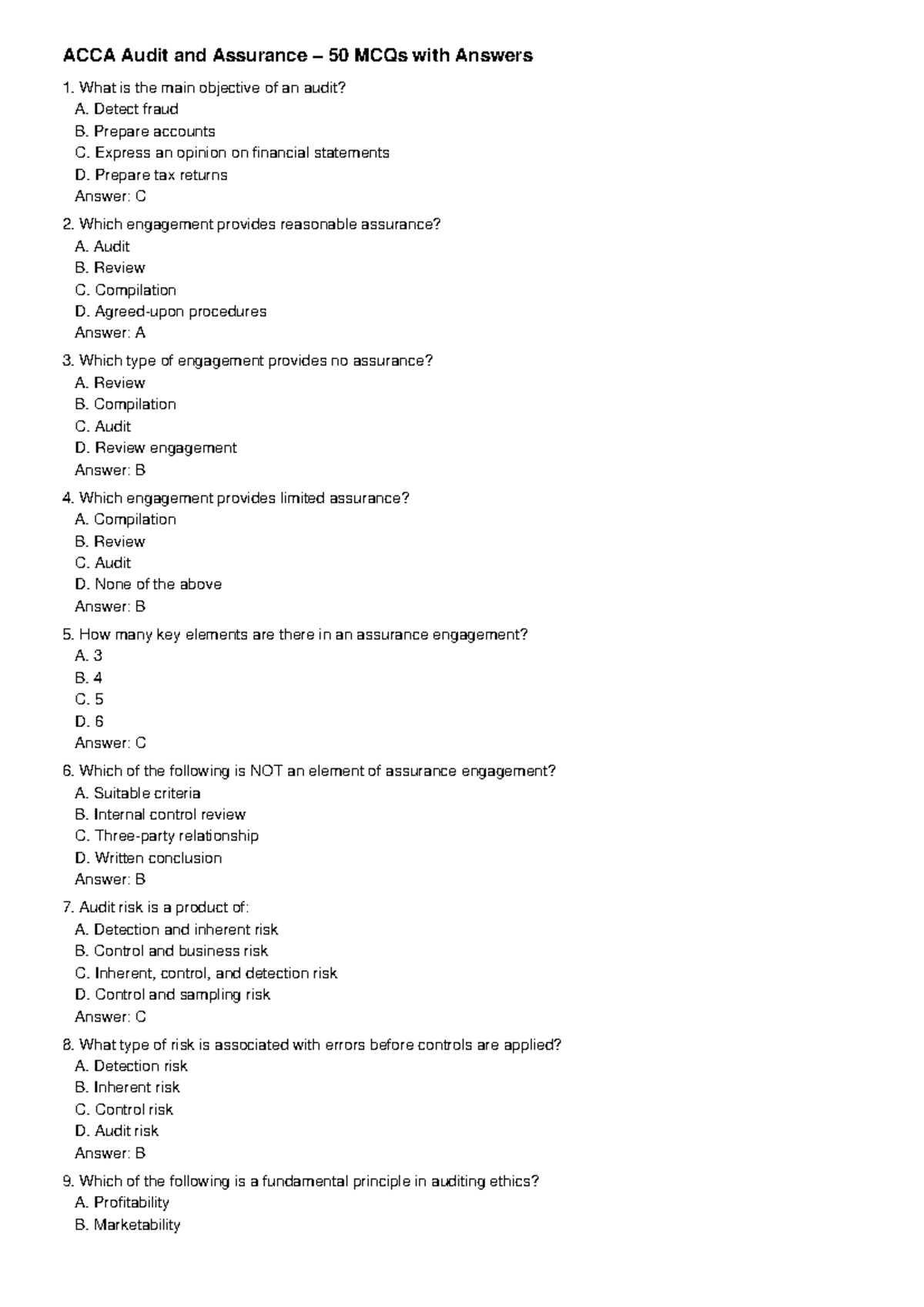 ACCA Audit and Assurance: 50 MCQs with Answers for Review - Studocu