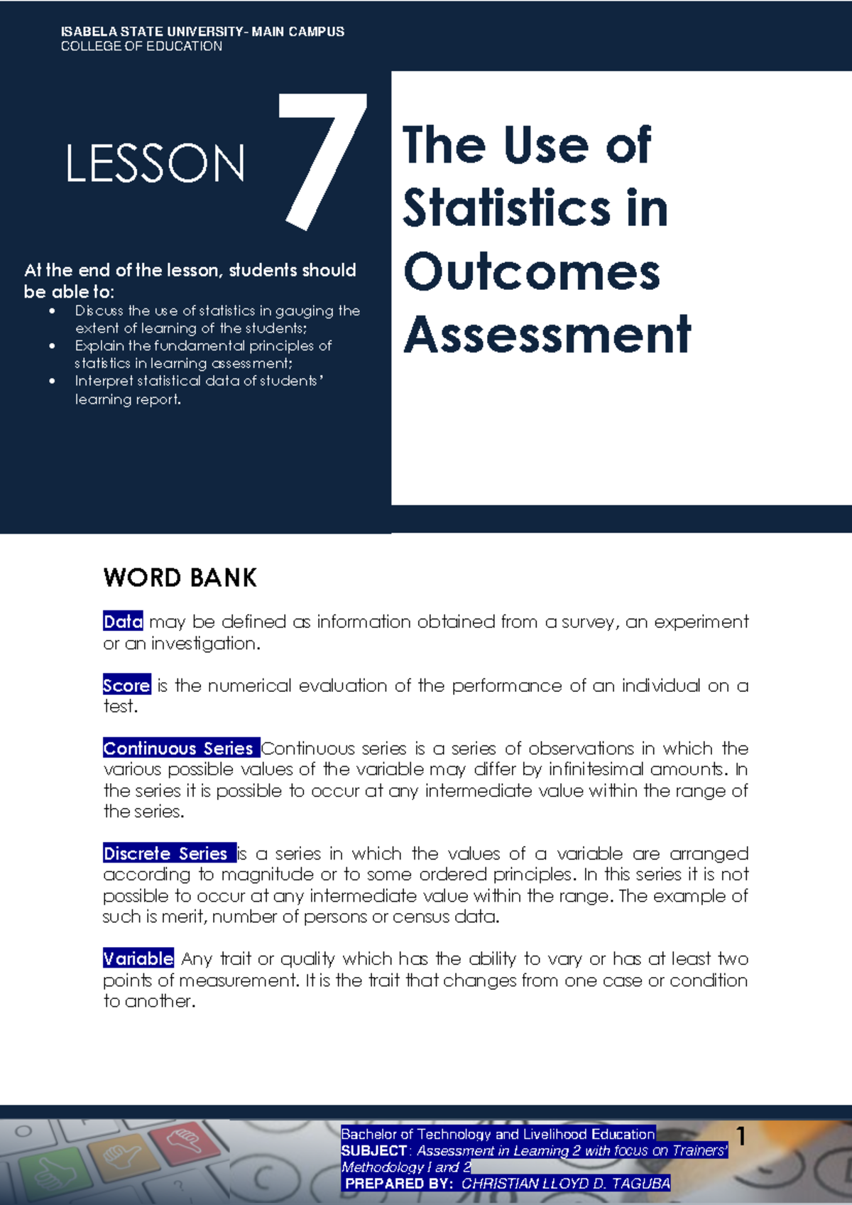Assessment in Learning 2: Lesson 7 - Understanding Statistics and Data ...