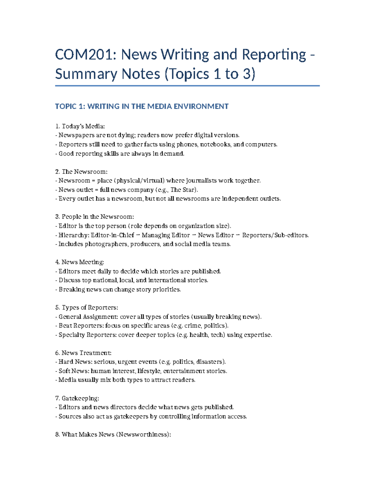 COM201: Summary Notes on News Writing & Reporting (Topics 1-3) - Studocu