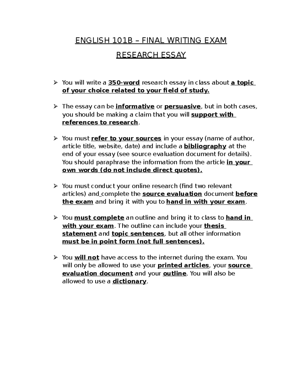 ENGLISH 101B FINAL EXAM RESEARCH ESSAY GUIDELINES AND INSTRUCTIONS ...