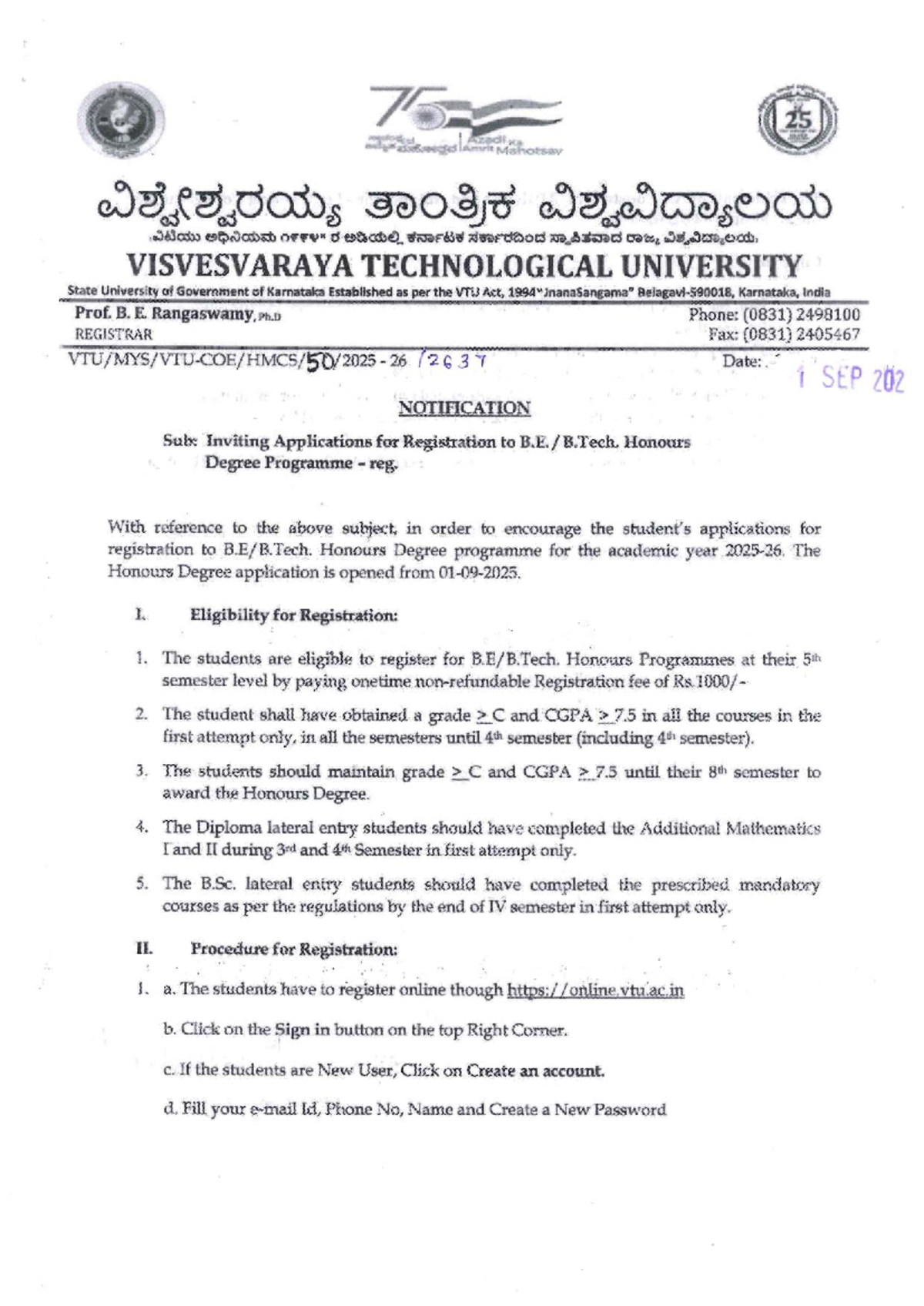 Notification for Registration to B.E. & B.Tech. Honours Degree ...