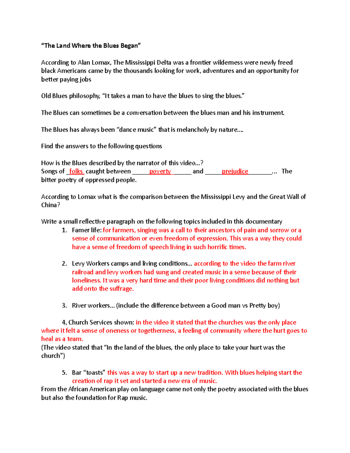 Handout Questions on Where the Blues Began: Key Insights and ...