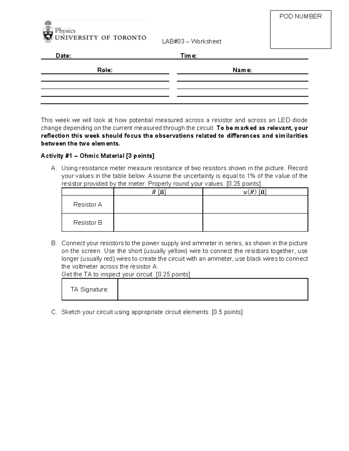 LAB03 - POD NUMBER Worksheet: Resistor & LED Voltage Analysis - Studocu