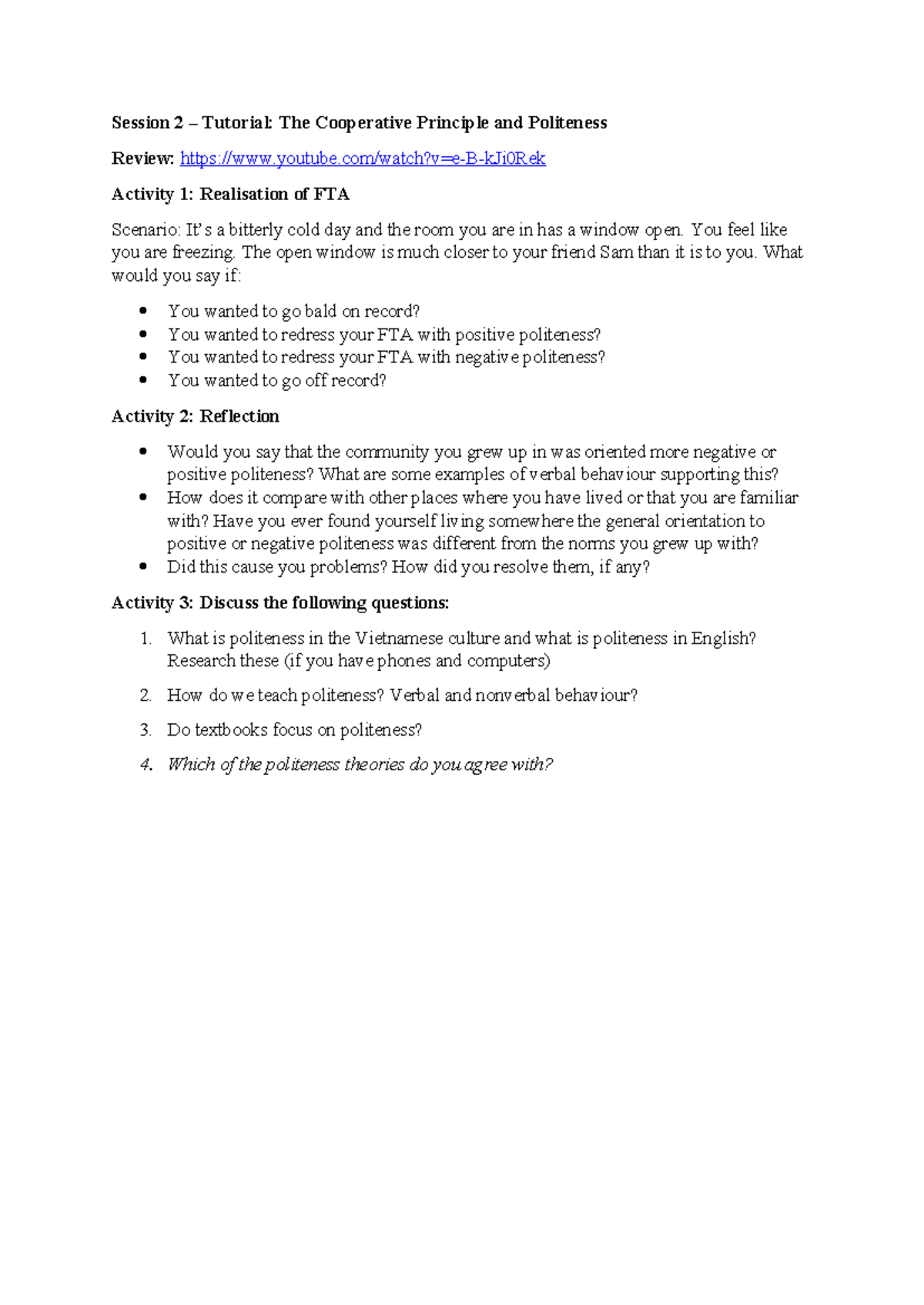 Session 2 Tutorial: The Cooperative Principle & Politeness Review - Studocu