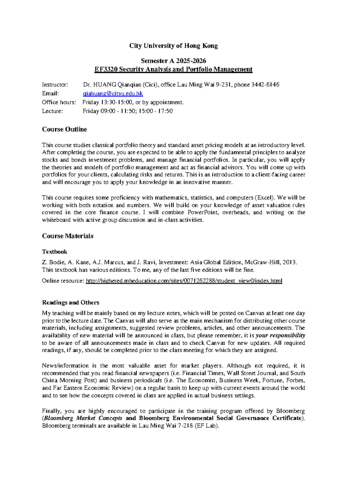 EF3320 Security Analysis & Portfolio Management Course Outline - Studocu