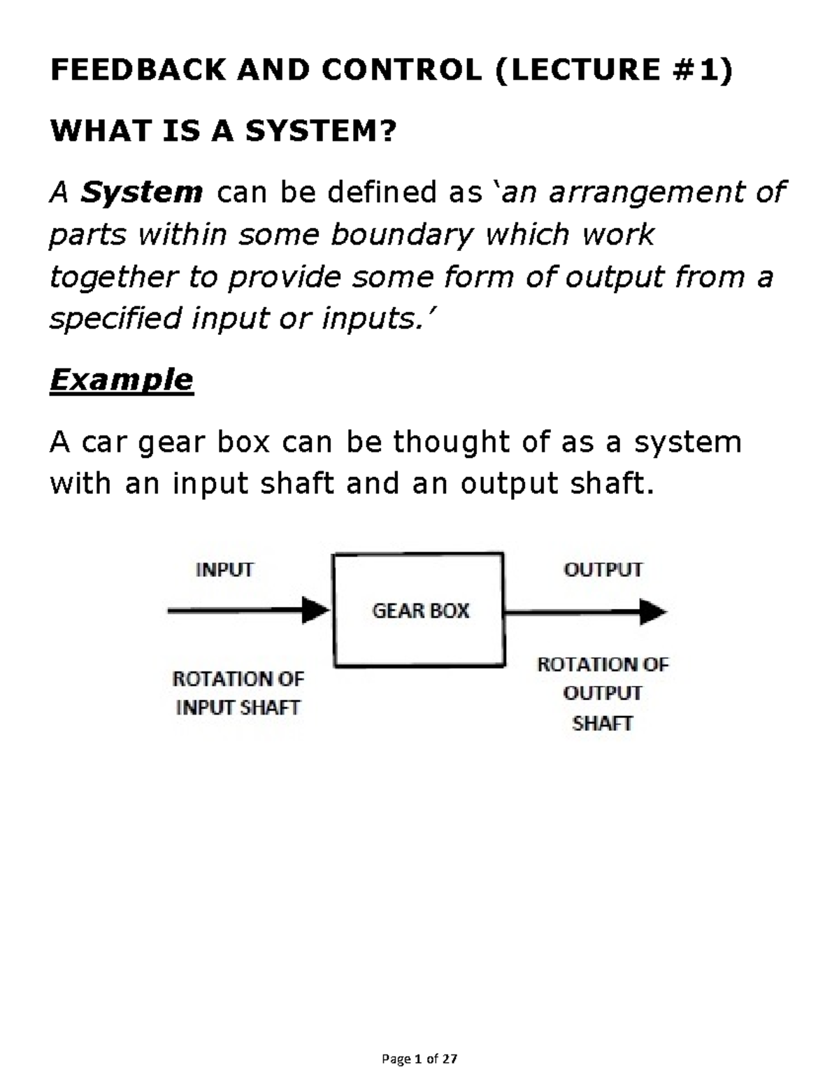 Feedback and Control Lecture No - FEEDBACK AND CONTROL (LECTURE #1 ...
