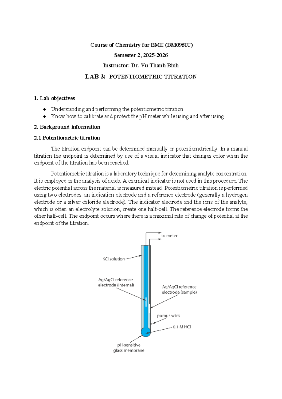 Chemistry Lab Manual (BM098IU) - Lab 3: Potentiometric Titration - Studocu