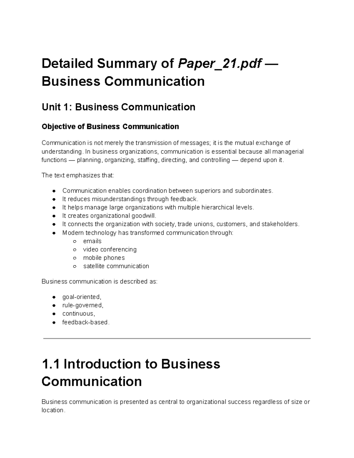 Business Communication Unit 1: Key Concepts and Importance - Studocu