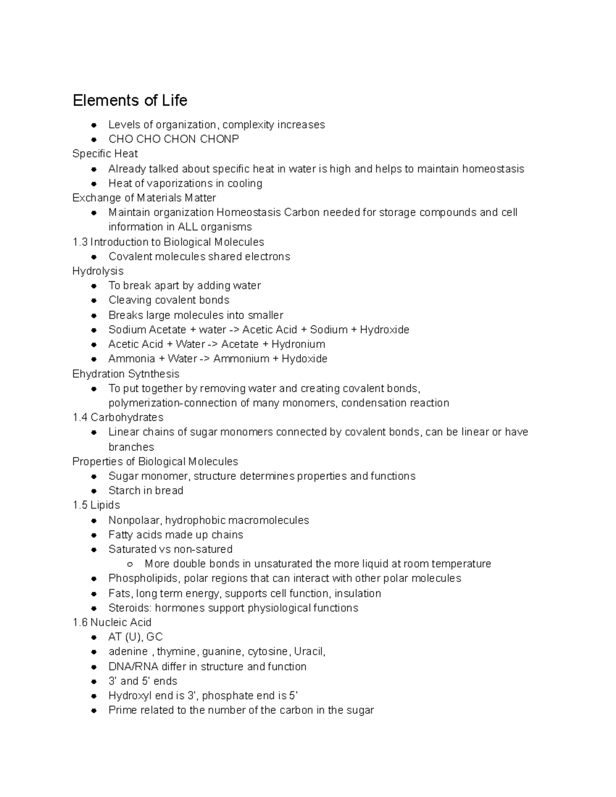 AP Bio Notes: Organization, Complexity, and Biological Molecules - Studocu
