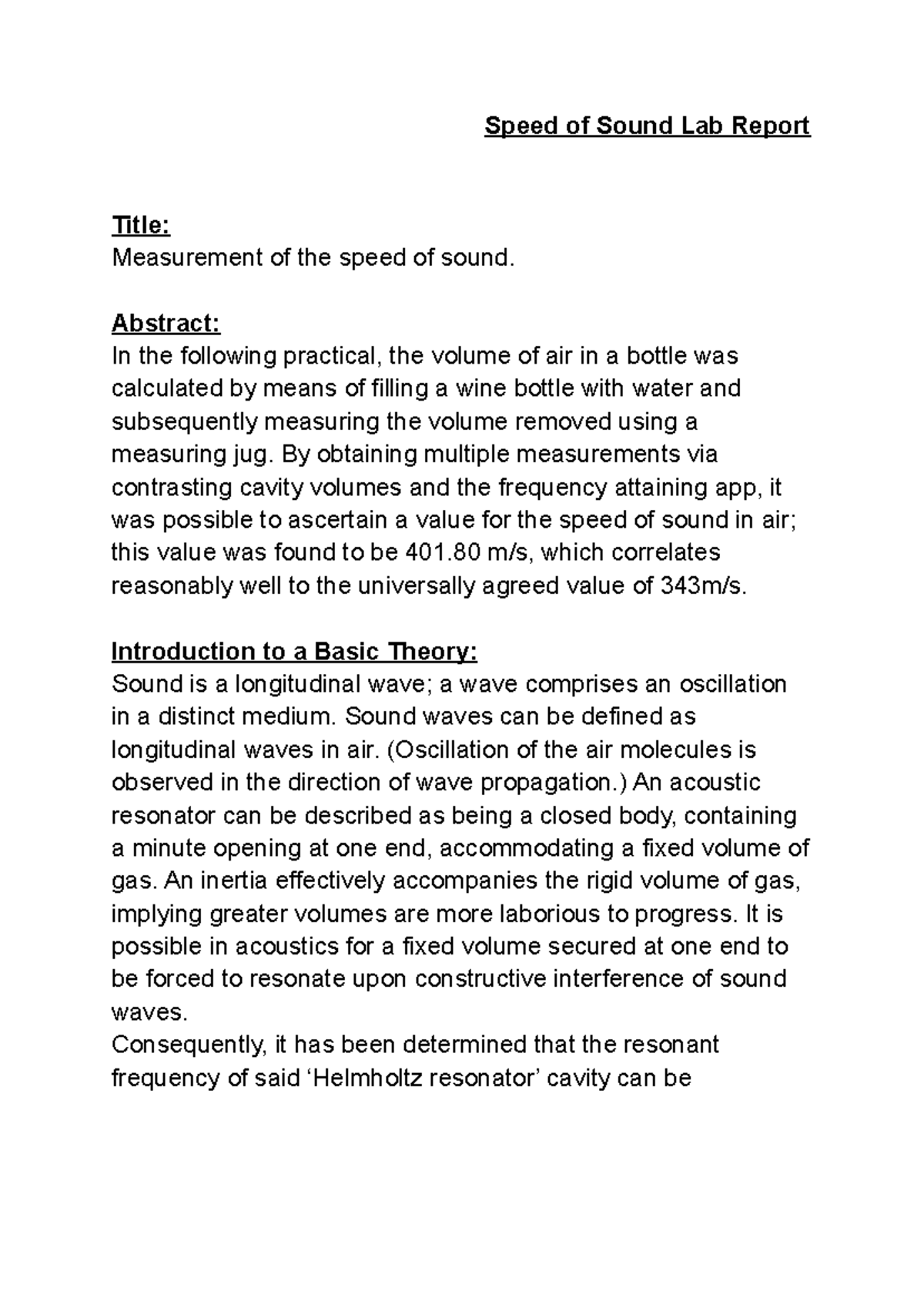 Speed of Sound Lab Report - Measurement and Analysis (PHYS 101) - Studocu