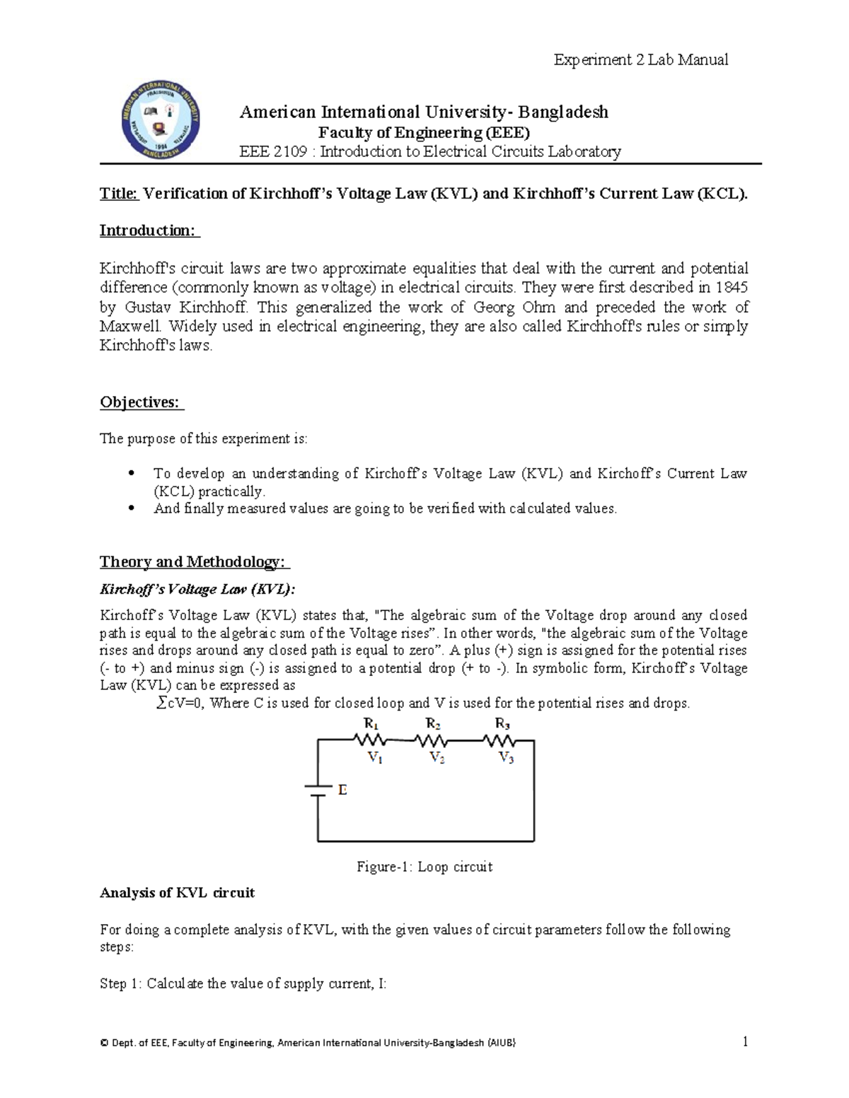 IEC 2109: Lab Manual for KVL & KCL Verification Experiment - Studocu