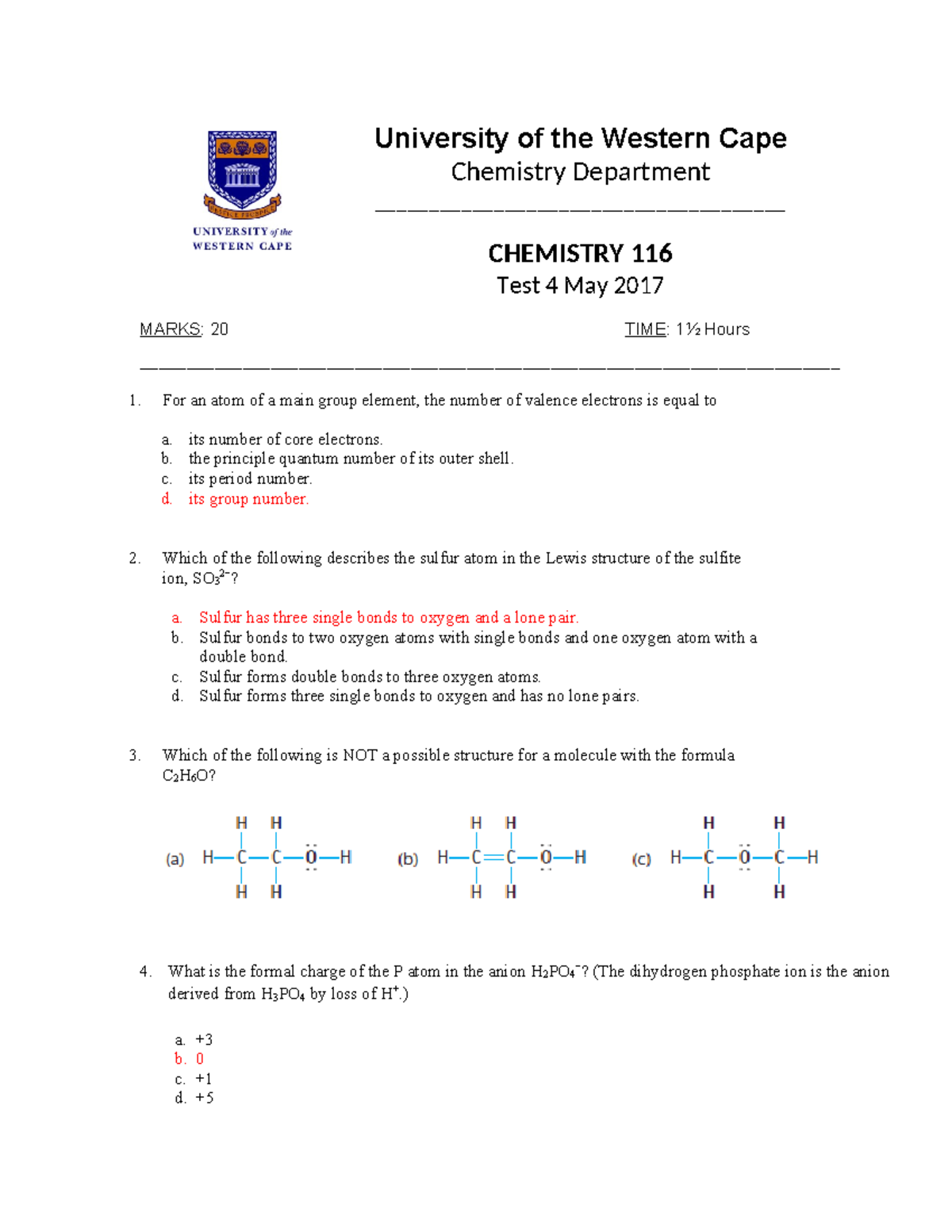 Test 4 2017 - Practice Material - University of the Western Cape ...