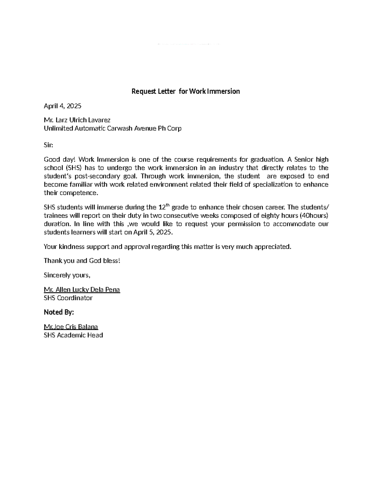 Request Letter for Work Immersion - SHS April 2025 - Studocu