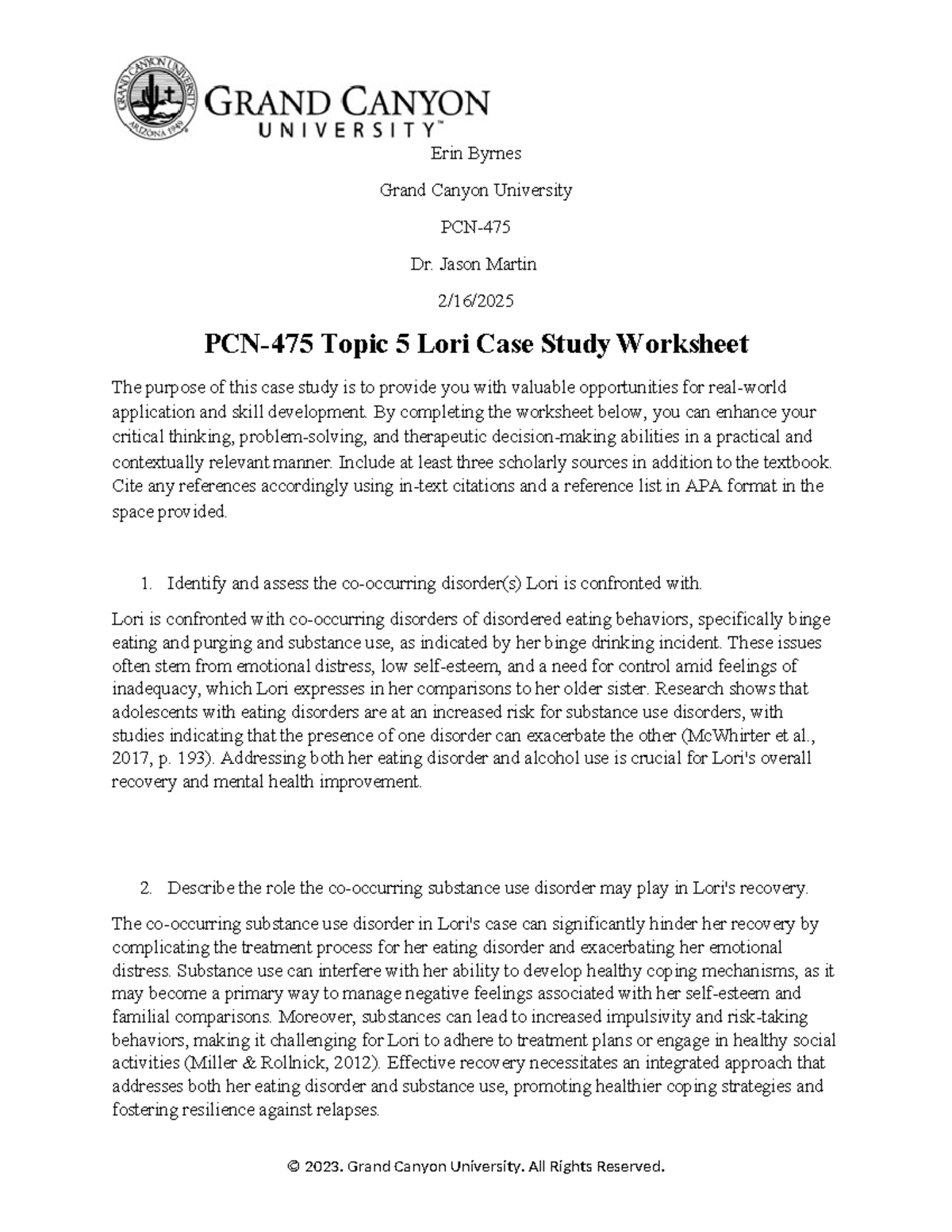 PCN 475 RS T5Lori Case Study Worksheet - Erin Byrnes Grand Canyon ...