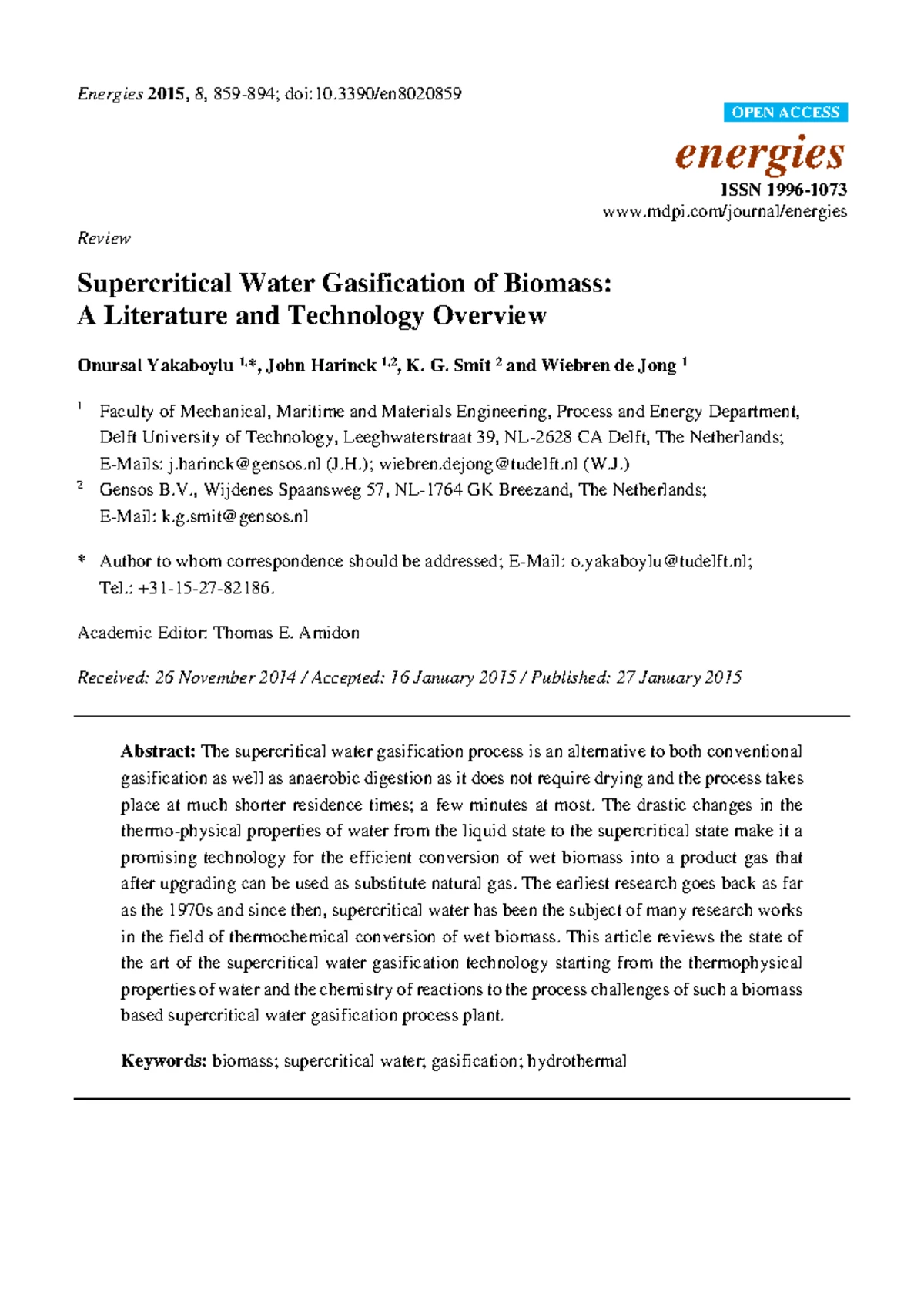 Supercritical Water Gasification of Biomass: Thermodynamic Analysis ...