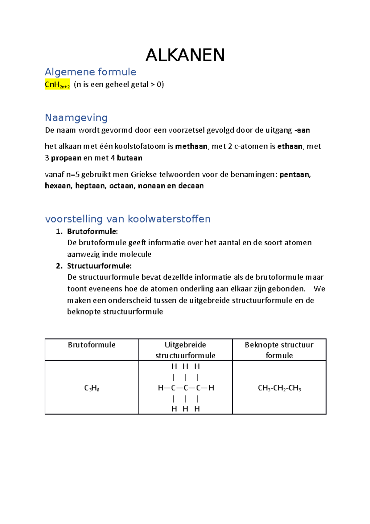 Chemie alkanen, alcoholen en carbonzuren - ALKANEN Algemene formule ...