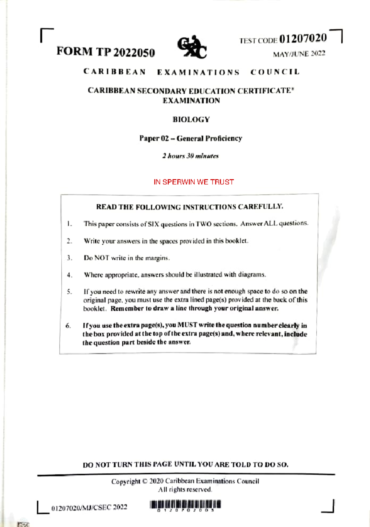 CSEC 01207020 Biology 2022 June Paper 2 Solutions - Studocu