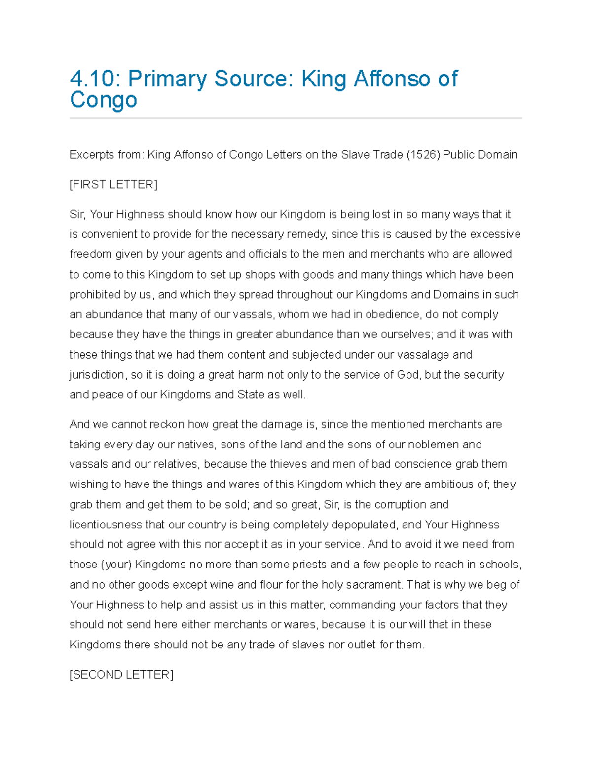 4.10: King Affonso of Congo's Letters on the Slave Trade (1526) - Studocu