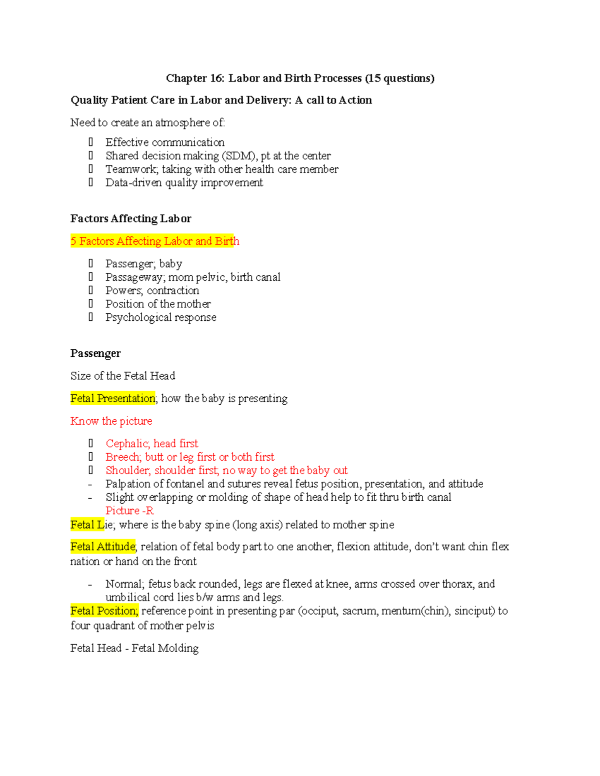 Note Guide Labor and Delivery spring 2020 - Chapter 16: Labor and Birth ...