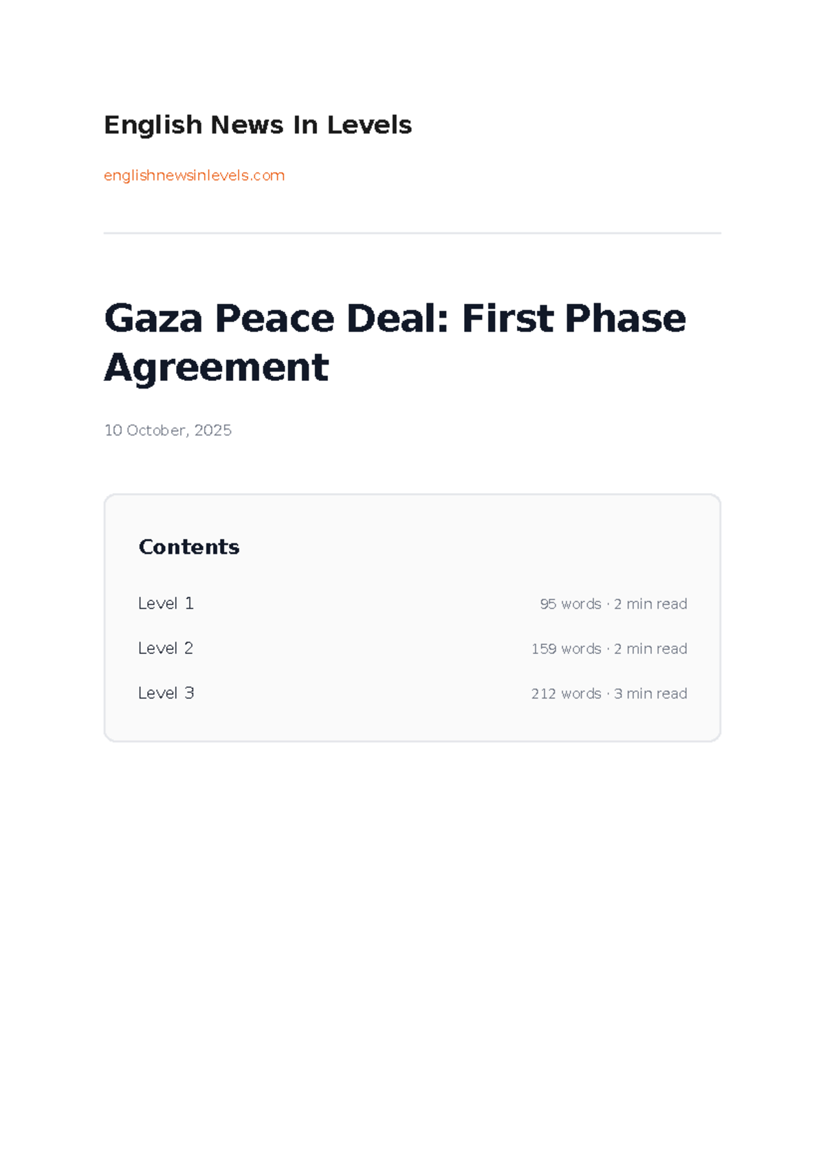 English News In Levels: Gaza Peace Deal First Phase Agreement (10/10 ...