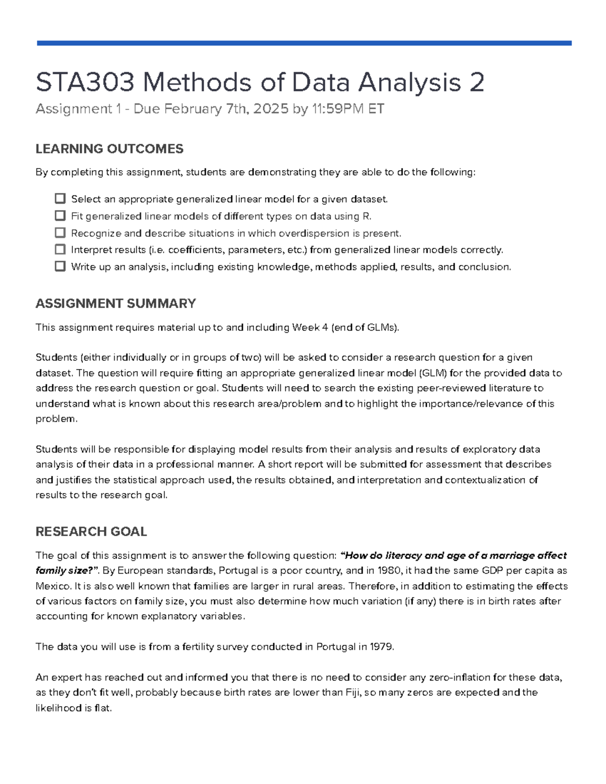 STA303 Methods of Data Analysis 2: Assignment 1 Overview and Guidelines ...