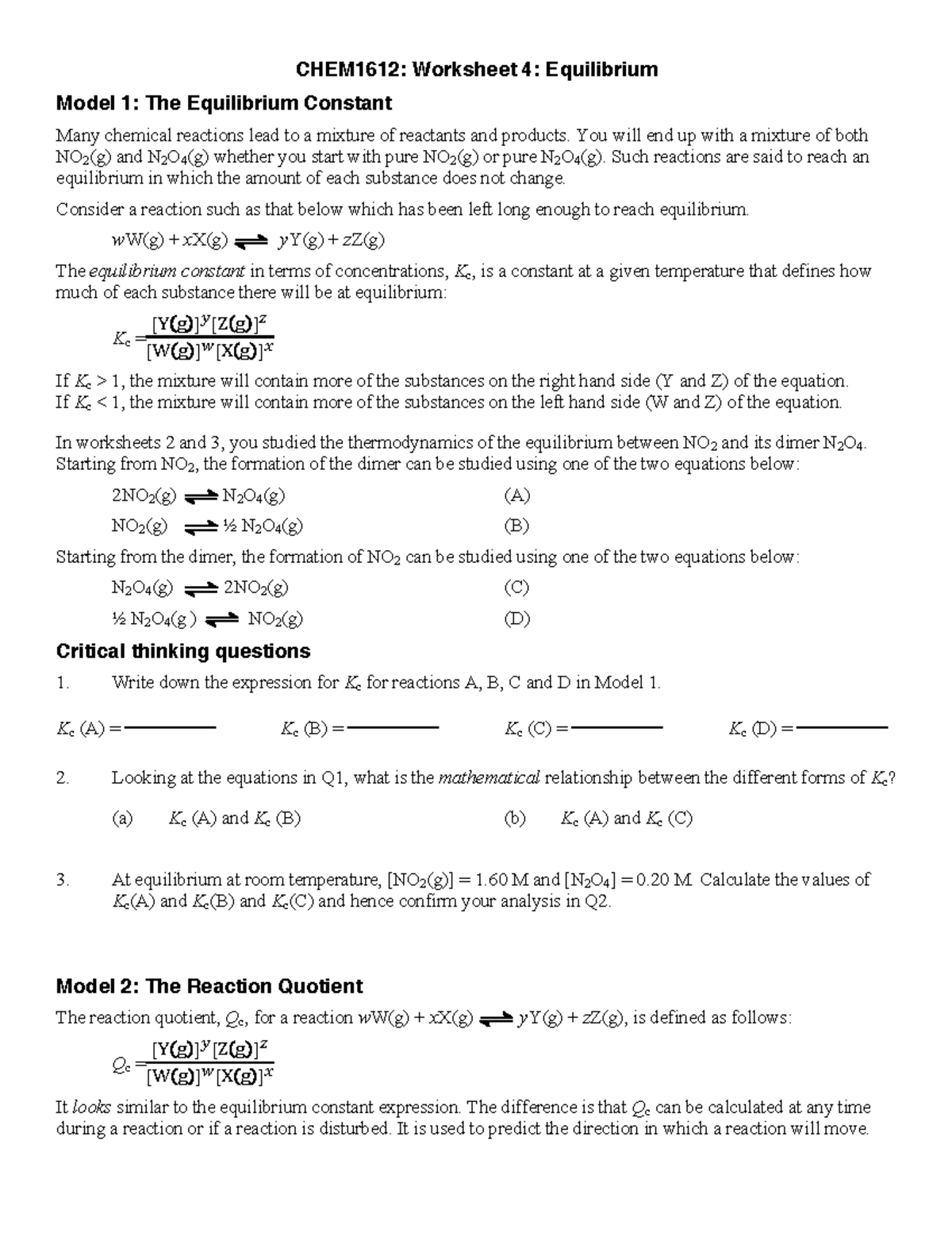 CHEM1612: Worksheet 4 - Equilibrium Constant & Reaction Quotient - Studocu