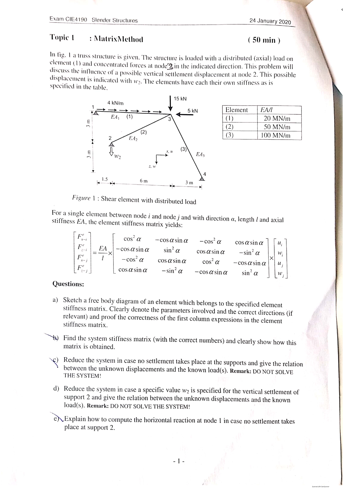 Tentamen January 2020 - Analysis of Slender Structures - Studeersnel