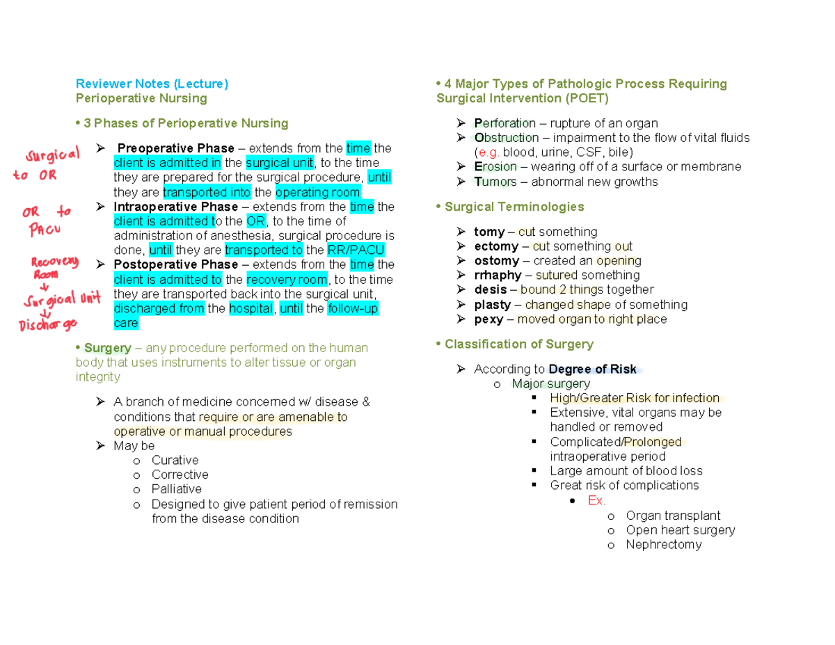 Perioperative Nursing (NRSG 302) Lecture Notes & Review - Studocu