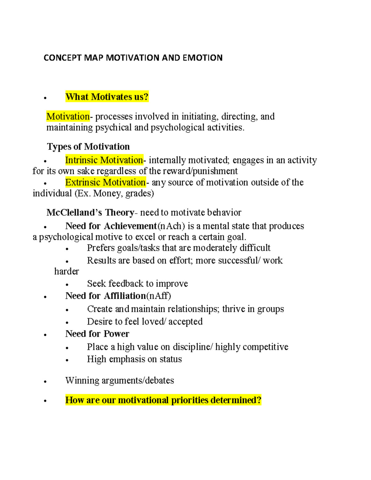 Concept Map: Motivation and Emotion in Psychology (PSY 101) - Studocu