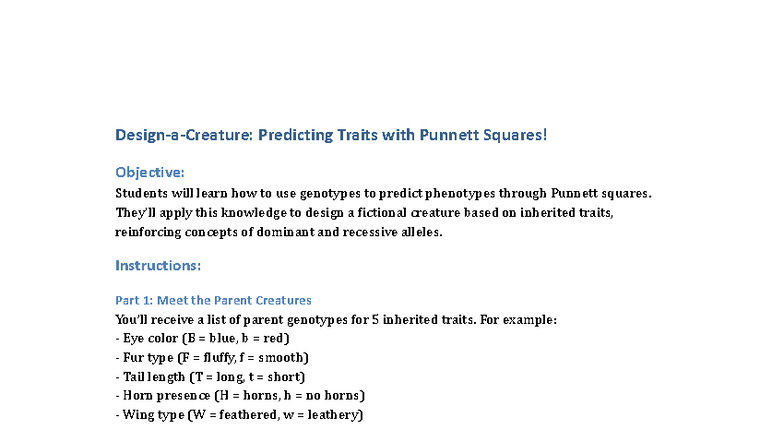 Genetics Project: Designing a Creature Using Punnett Squares - Studocu